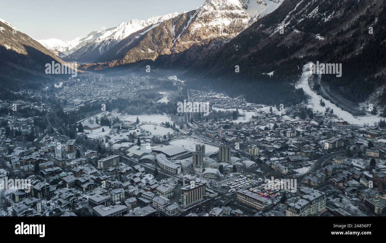 Aerial drone view of Chamonix Mont Blanc, in French Alps Stock Photo ...