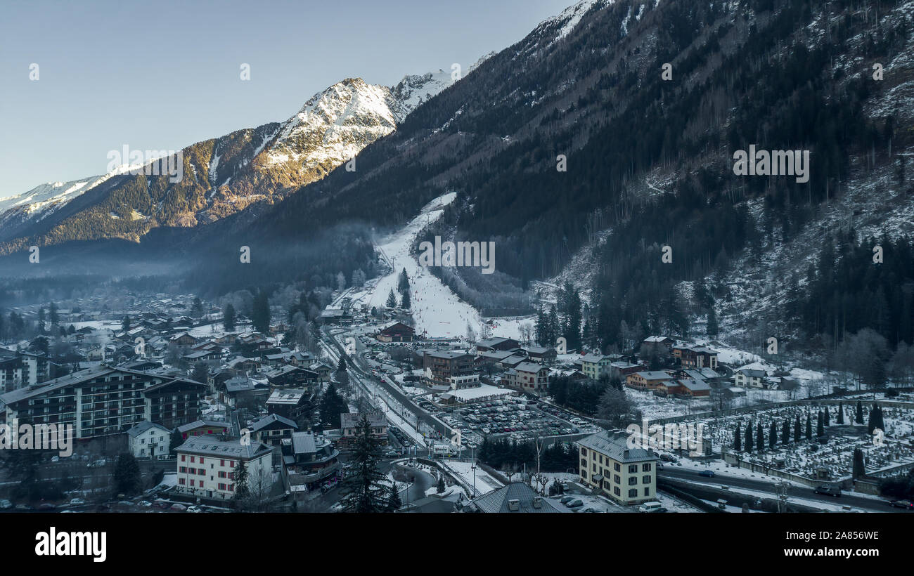 Aerial drone view of Chamonix Mont Blanc, in French Alps Stock Photo ...