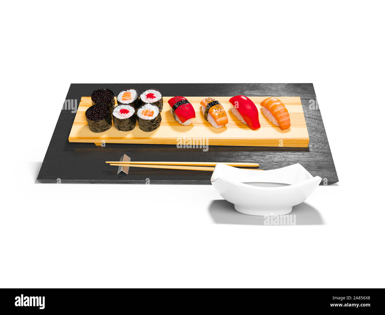 Sushi set on wooden stand with wooden chopsticks and sauce 3d render on ...