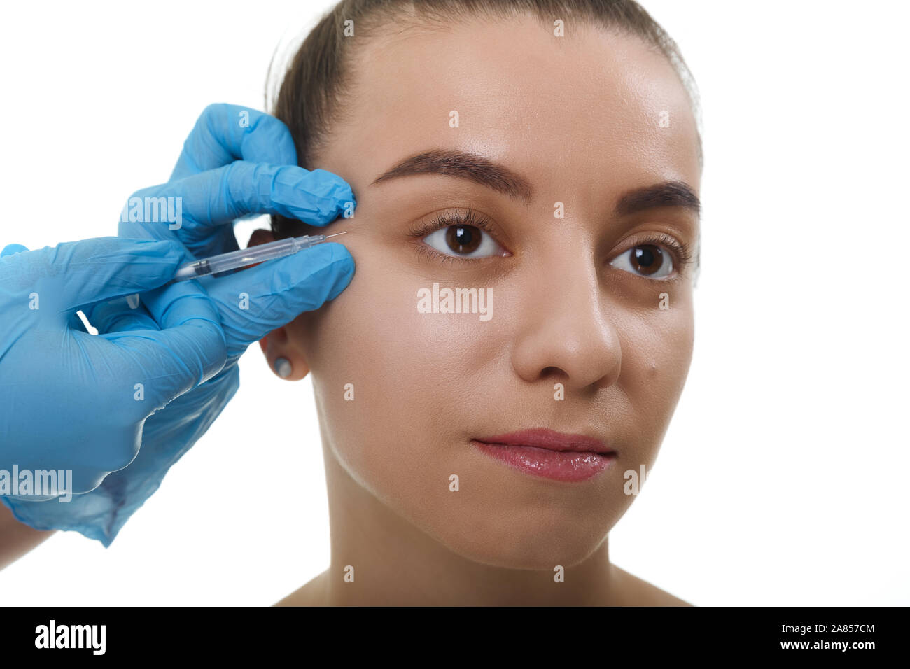 Closeup Beautician Hands Doing Facial Skin Lifting Injection To female ...