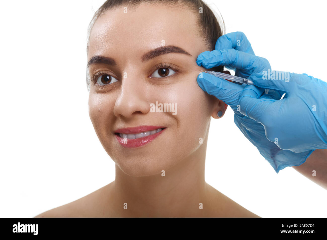 Closeup Beautician Hands Doing Facial Skin Lifting Injection To female ...