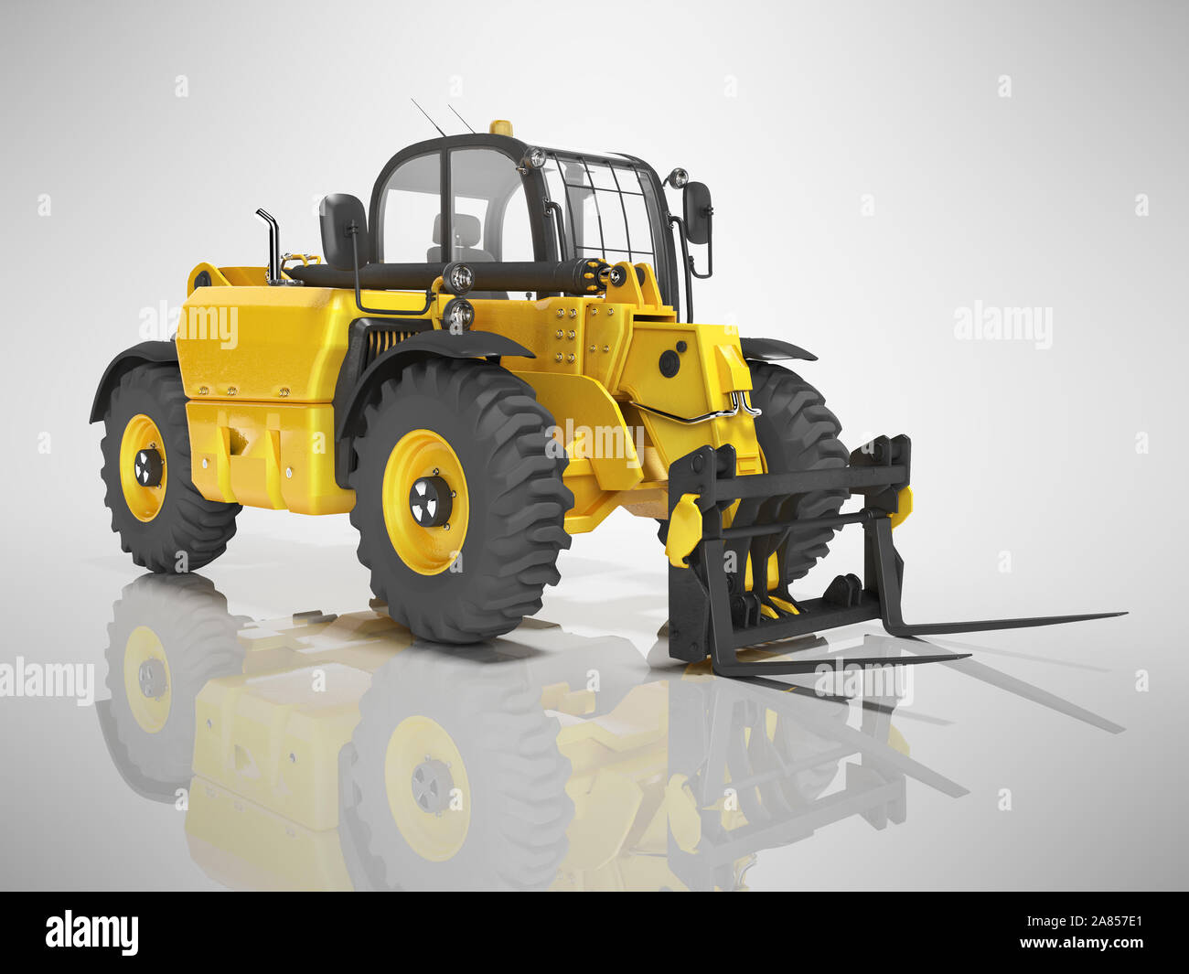 Yellow excavator telescopic loader isolated 3D render on gray ...