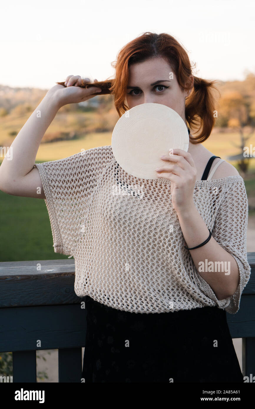 Happy Redhead Woman Enjoys Tradicional Czech Sweet Waffer Food Oplatky