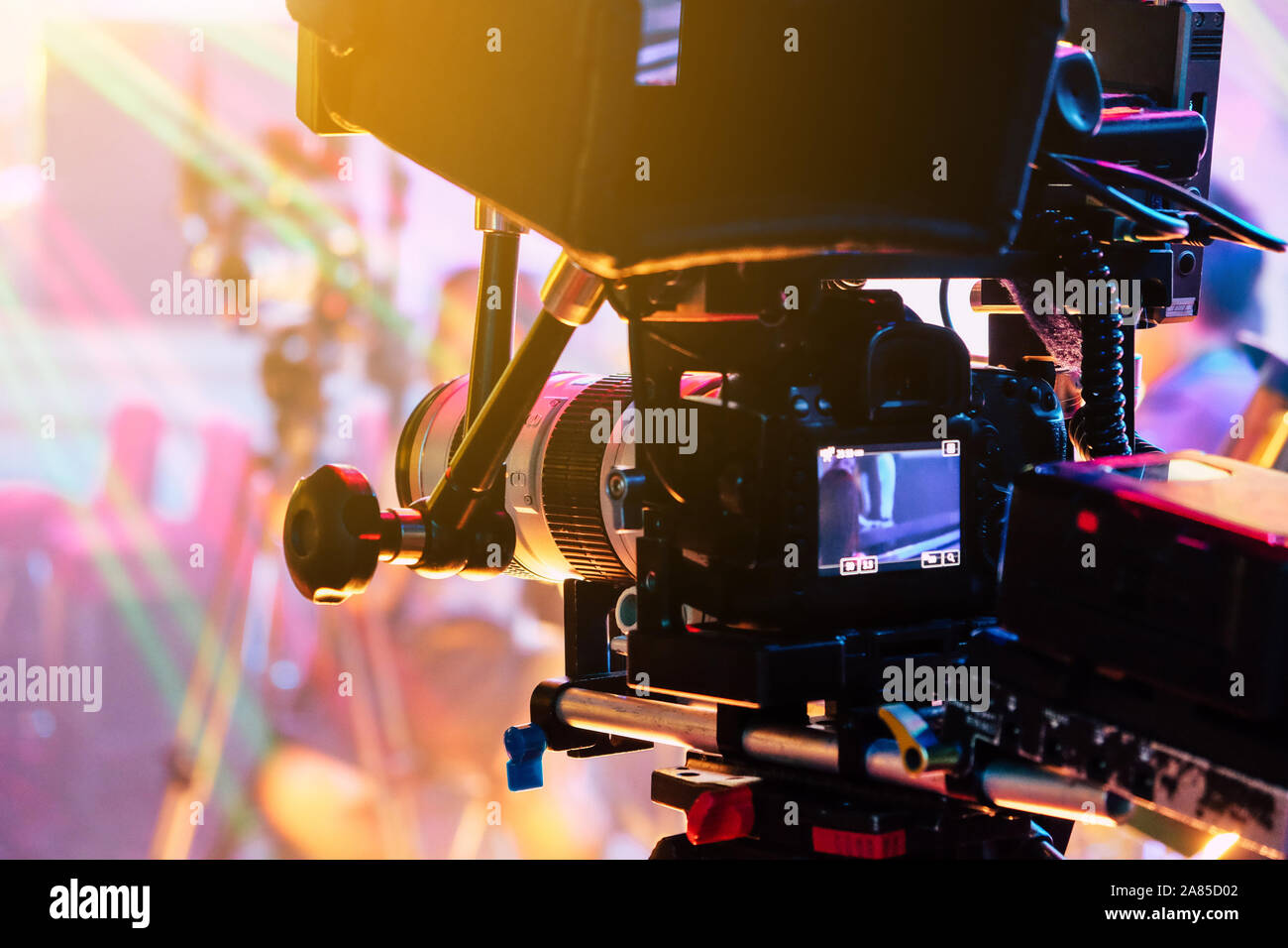 Film industry. Filming with professional camera background Stock Photo ...