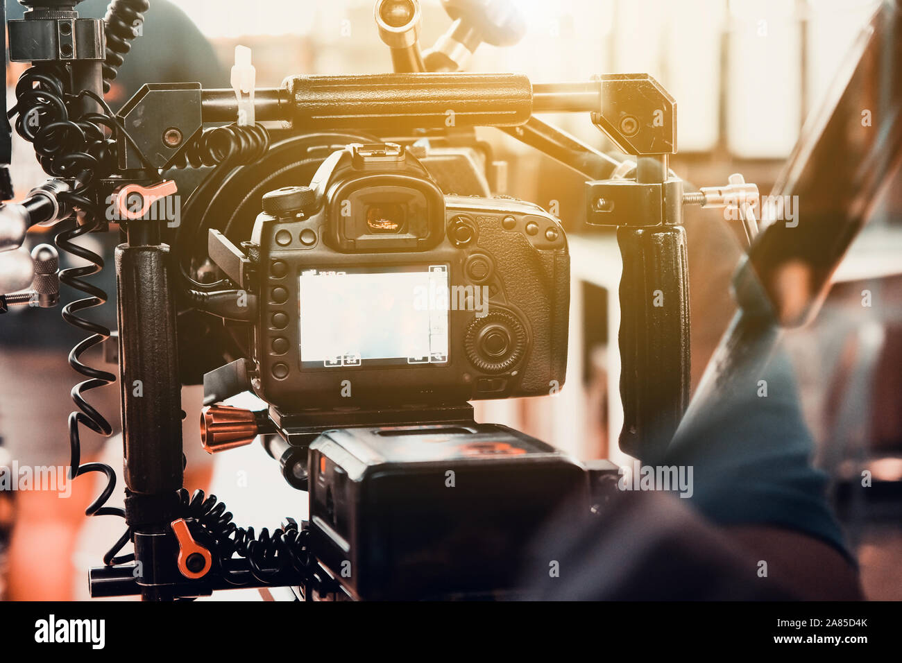Film industry. Filming with professional camera background Stock Photo ...