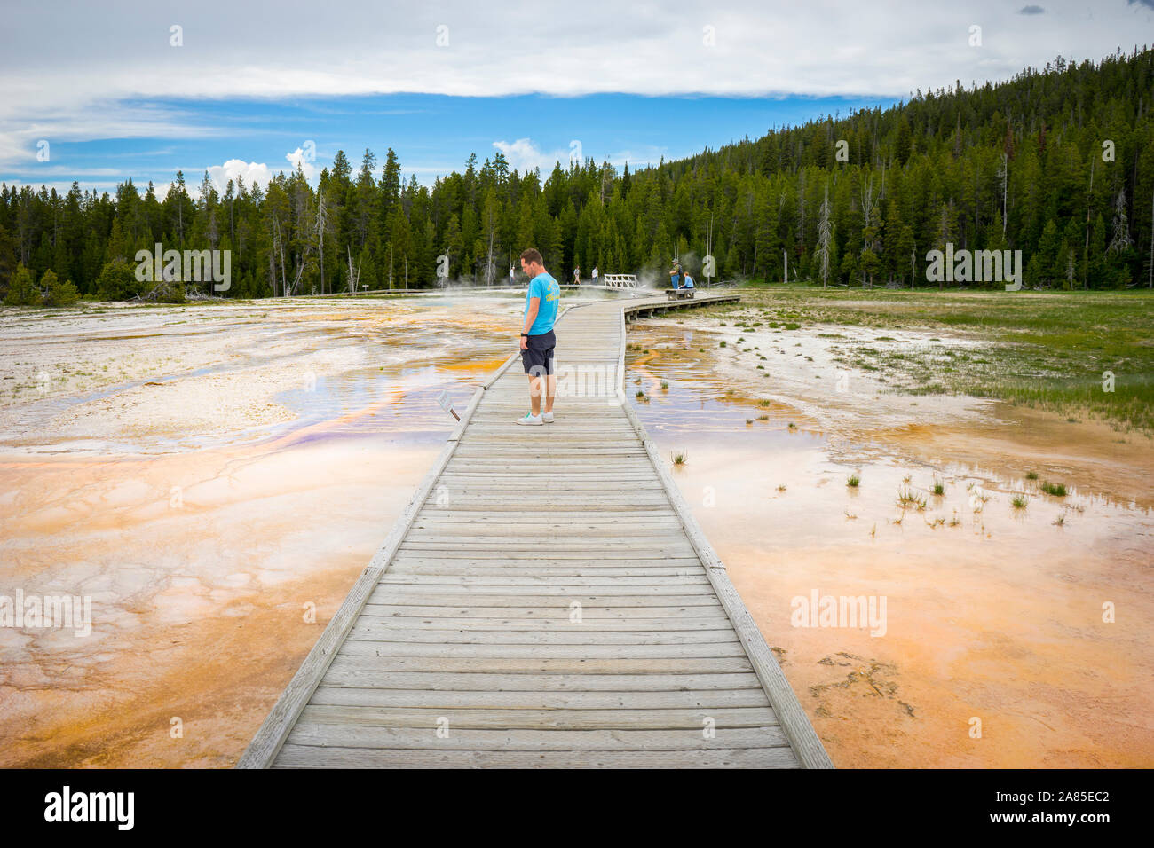 Man on boardwalk at the Upper Geyser Basin, Yellowstone National Park ...