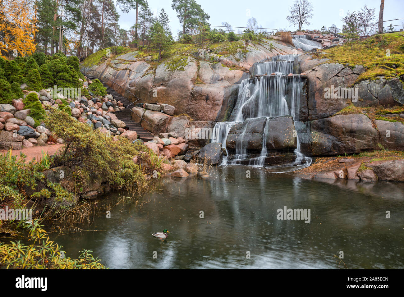 Cascade waterfall in Sapokka Water Garden, landscape park at autumn ...