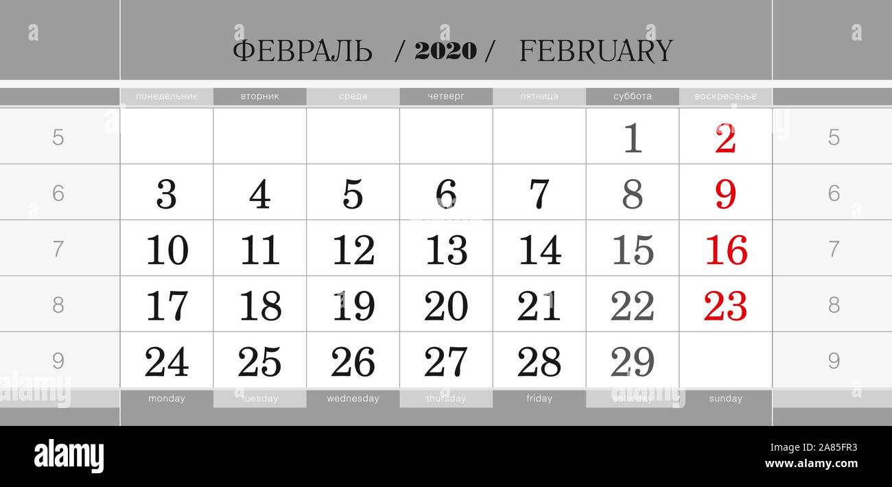 Calendar quarterly block for 2020 year, February 2020. Wall calendar ...