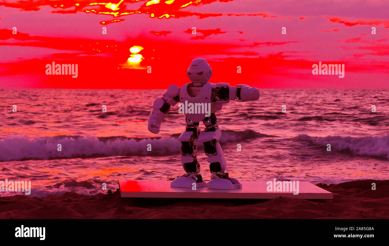 Humanoid autonomous smart Robot dances above martian sea after a ...
