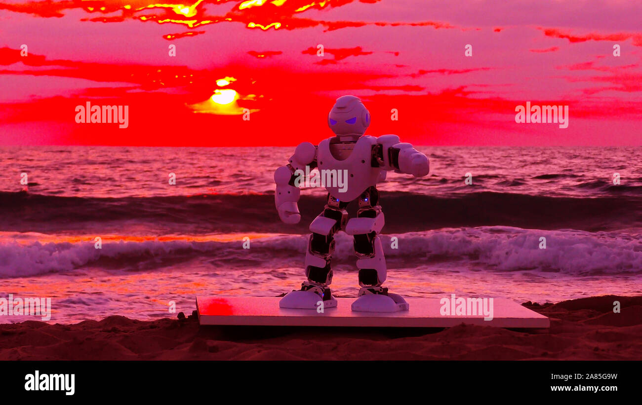 Humanoid autonomous smart Robot dances above martian sea after a ...