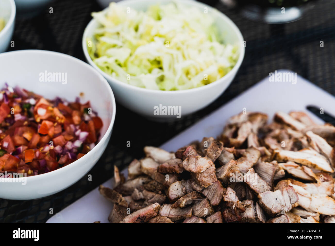BBQ Selection of chopped meat salsa salad Stock Photo - Alamy