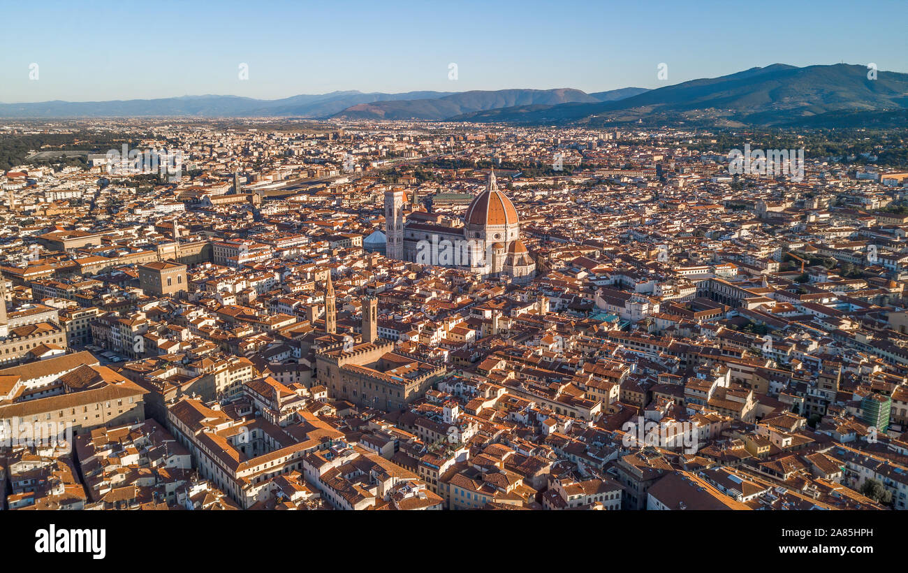 Aerial drone shot view of Florence with main attractions in the morning ...