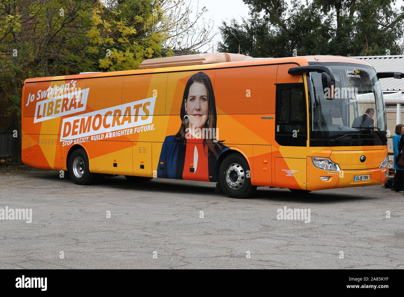 The Liberal Democrat electric battle bus in Esher during a visit by ...