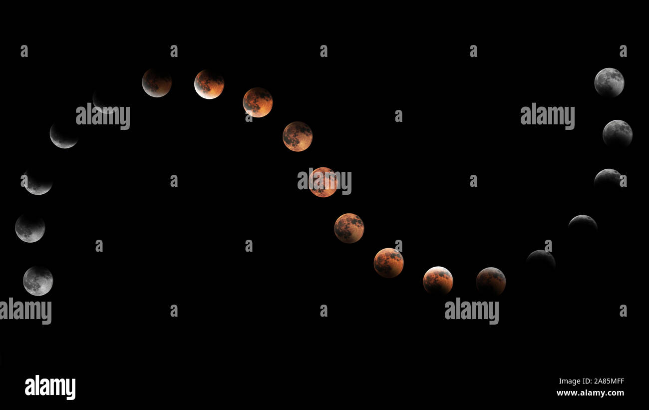 Lunar Eclipse Phases, Blood moon, Composite Lunar Eclipse Stock Photo ...