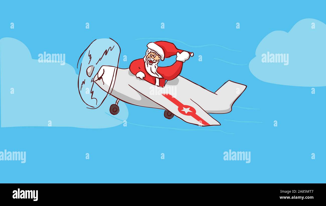 happy santa claus flying ride vintage aeroplane and wave hand say merry ...
