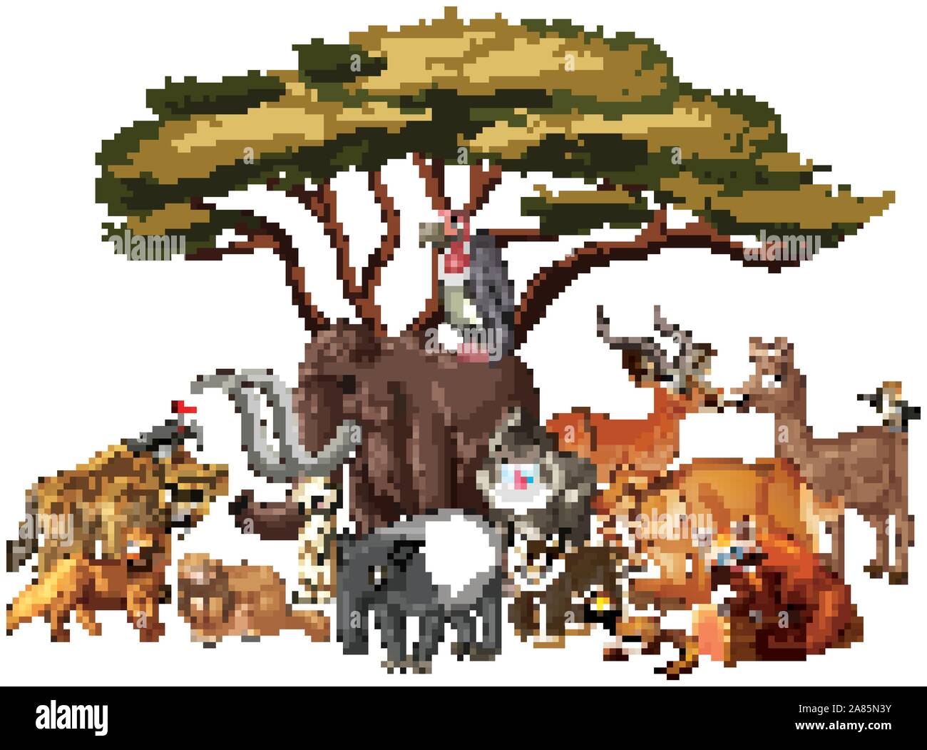 Isolated picture of many animals under the tree illustration Stock ...