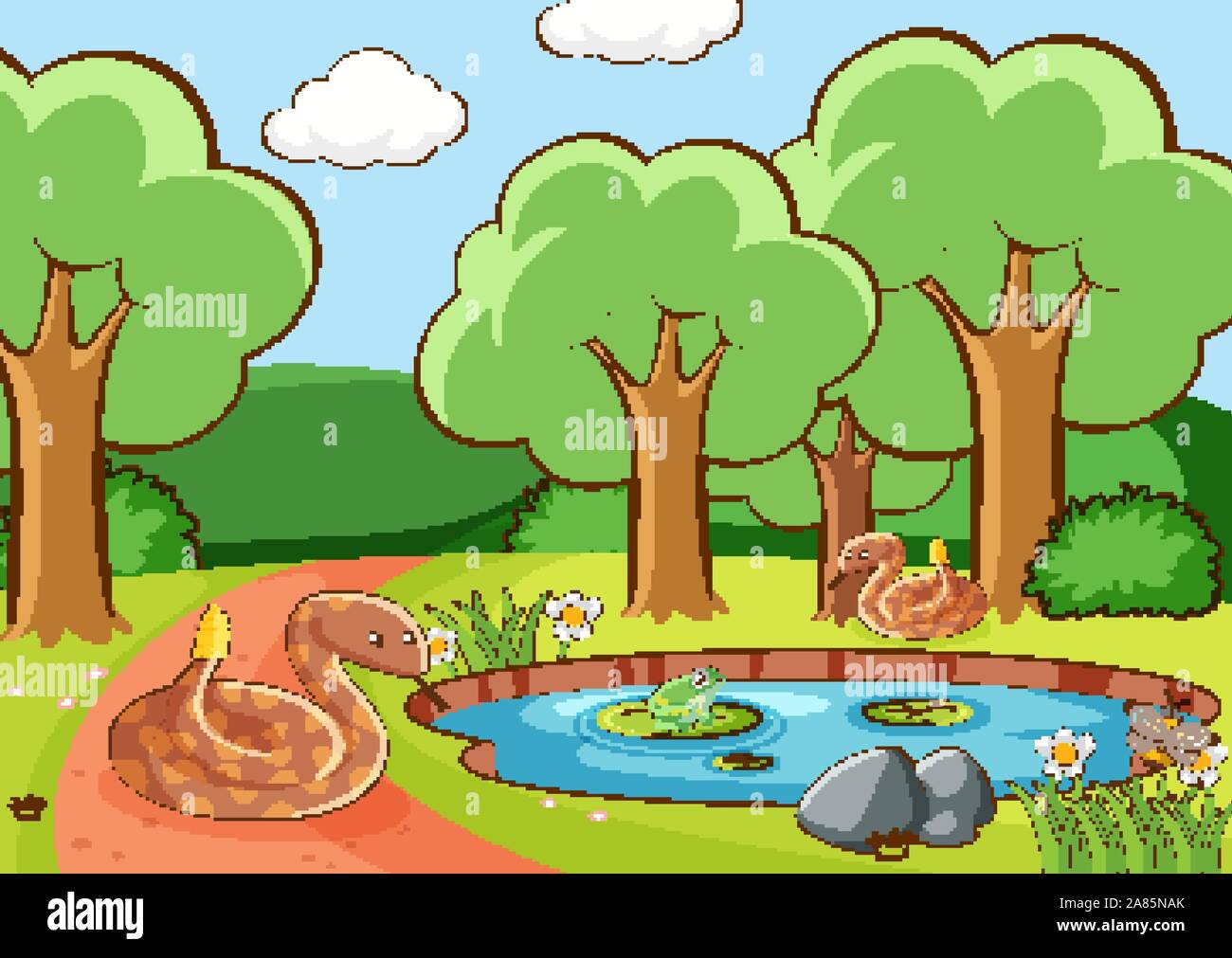 Scene with snakes and frog by the pond illustration Stock Vector Image ...