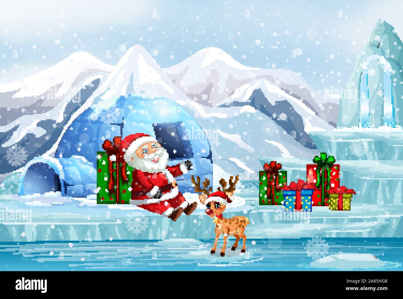 Scene with santa and present in the cold winter illustration Stock ...