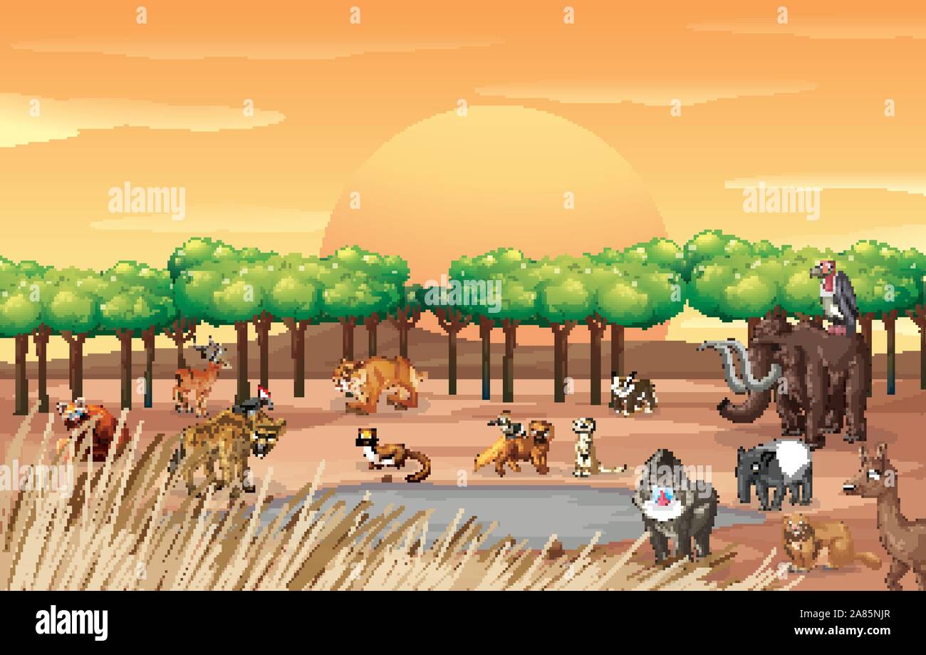 Scene with many animals in the field illustration Stock Vector Image ...