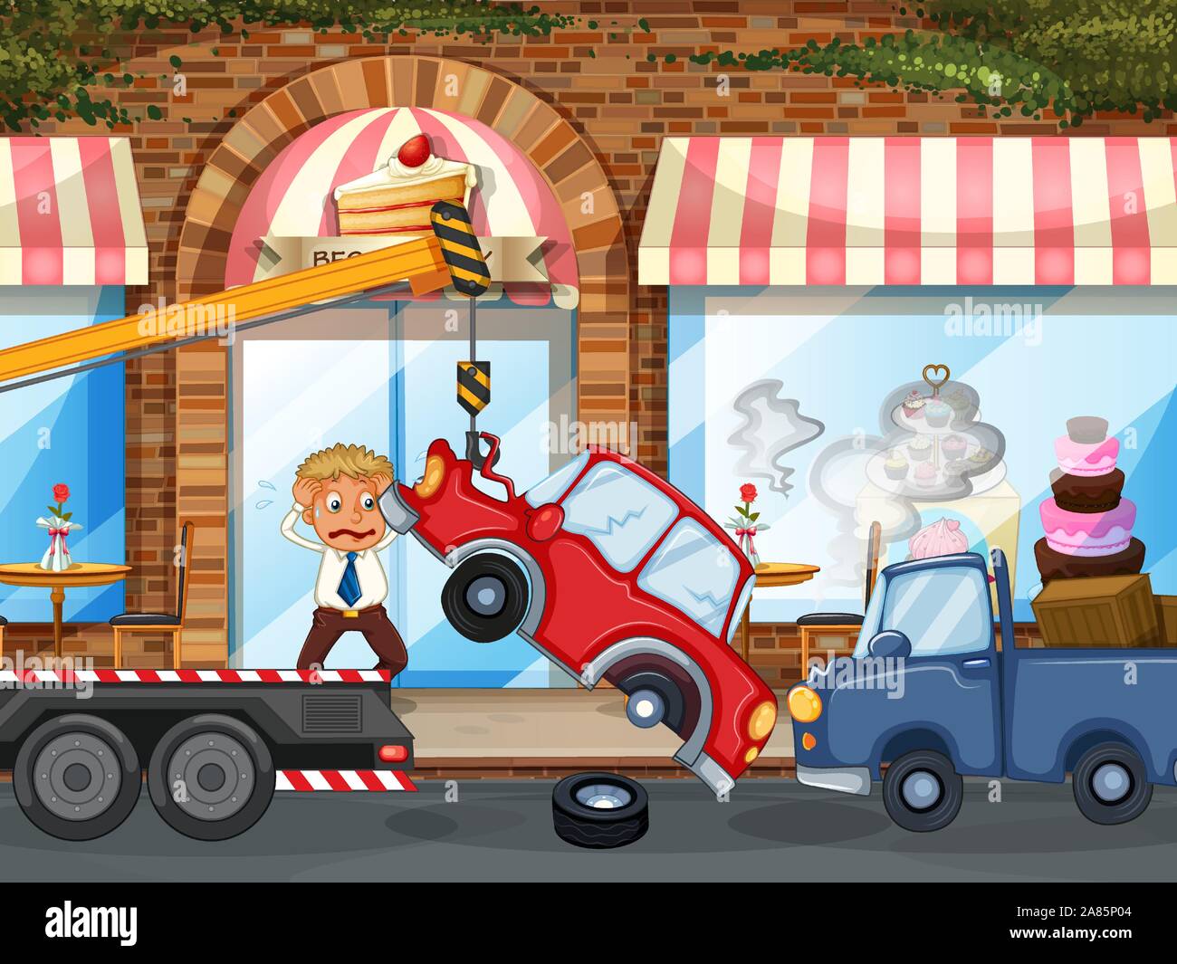 Accident scene with car crash in front of shop illustration Stock ...