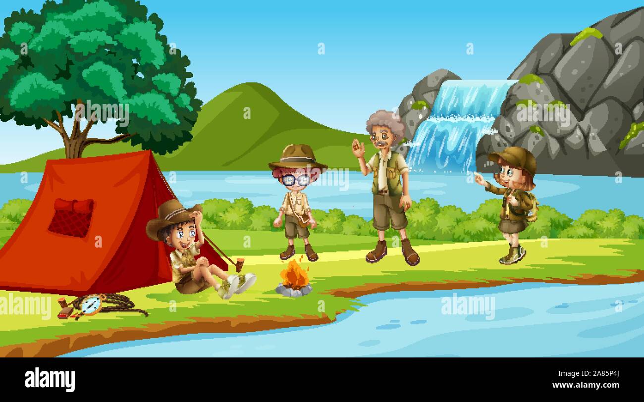 Scene with people camping by the river illustration Stock Vector Image ...