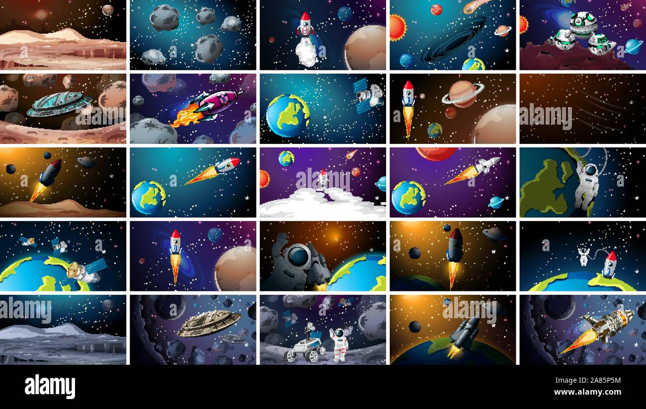 Large set of different space scenes illustration Stock Vector Image ...