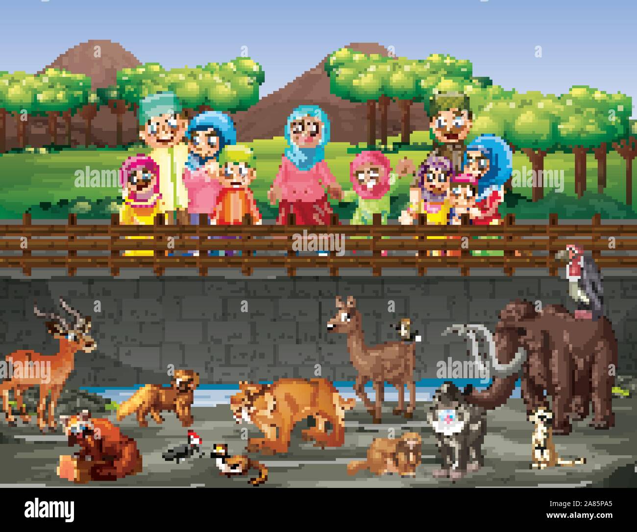 Scene with people and animals at the zoo illustration Stock Vector ...