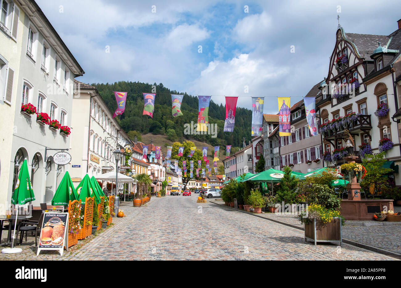 A sunny day in the pretty town of Wolfach in the Black Forest, Germany ...