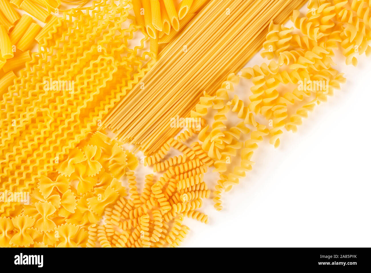 Italian pasta texture, flat lay banner, shot from above on a white ...