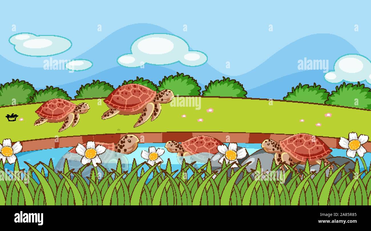 Scene with turtles in the pond illustration Stock Vector Image & Art ...