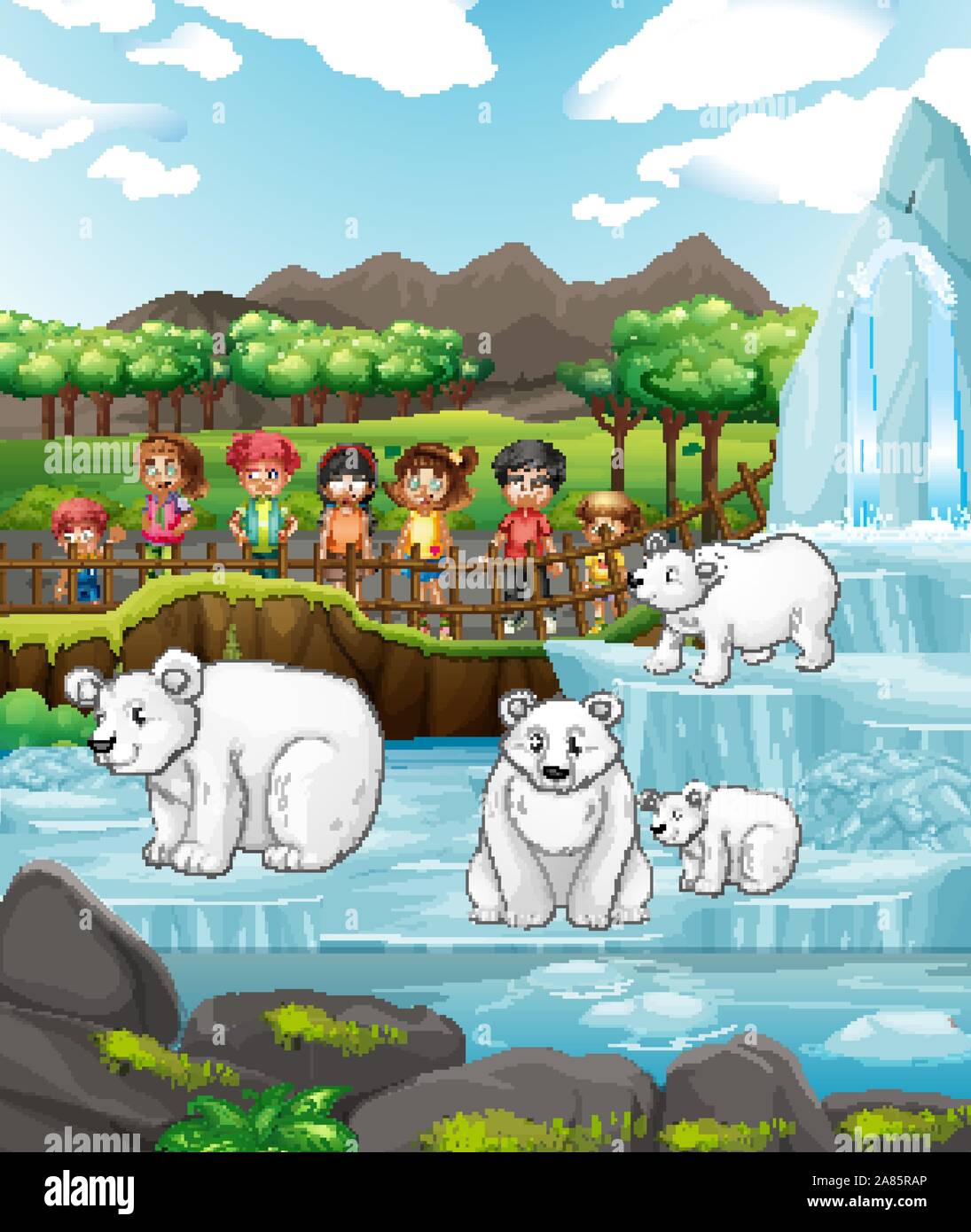 Scene with polar bears and children at the zoo illustration Stock ...