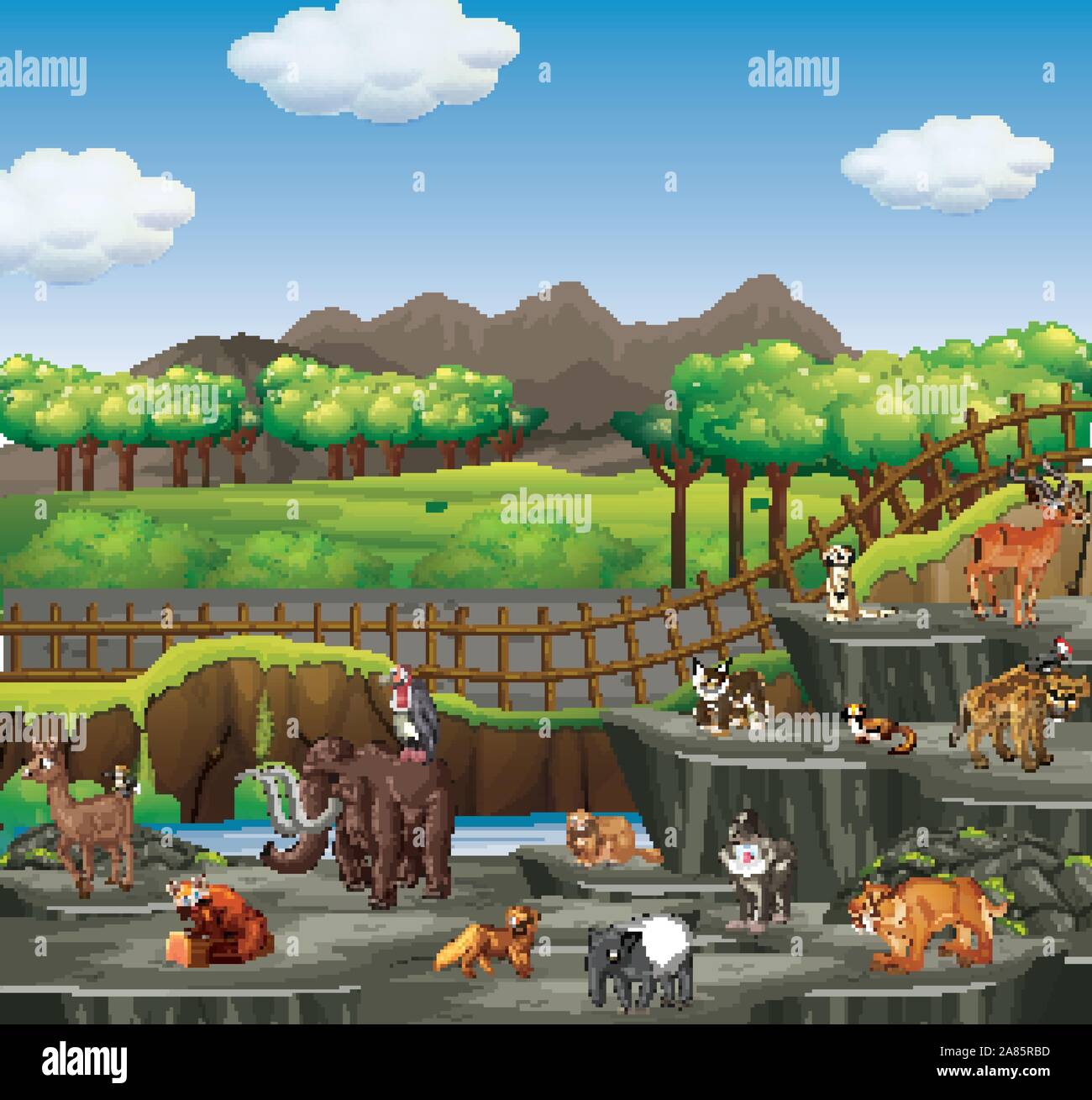 Scene with many animals at the zoo illustration Stock Vector Image ...