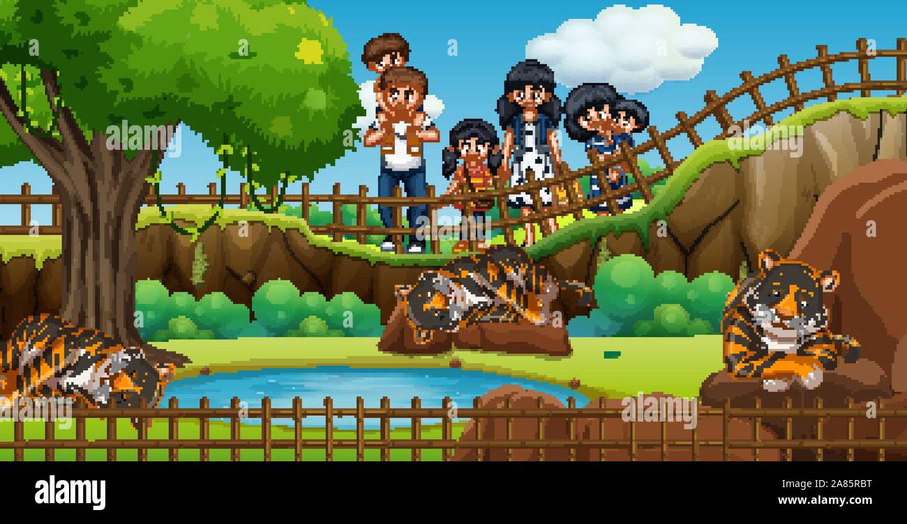 Scene with people visiting the zoo illustration Stock Vector Image ...