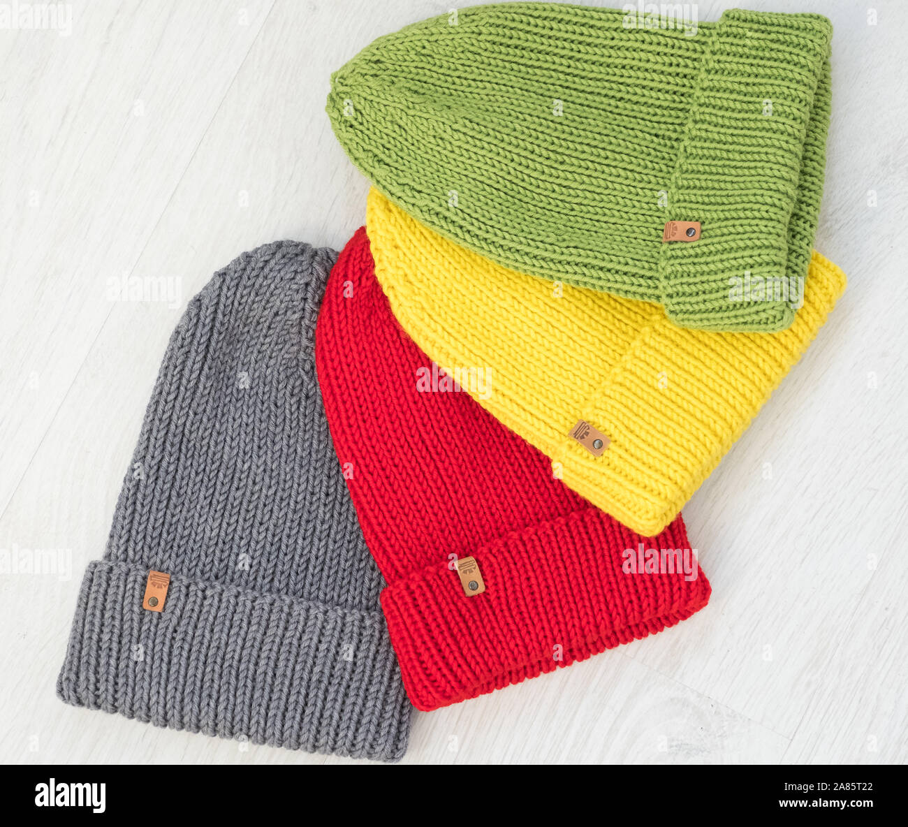 cozy knitted set of hats Stock Photo - Alamy