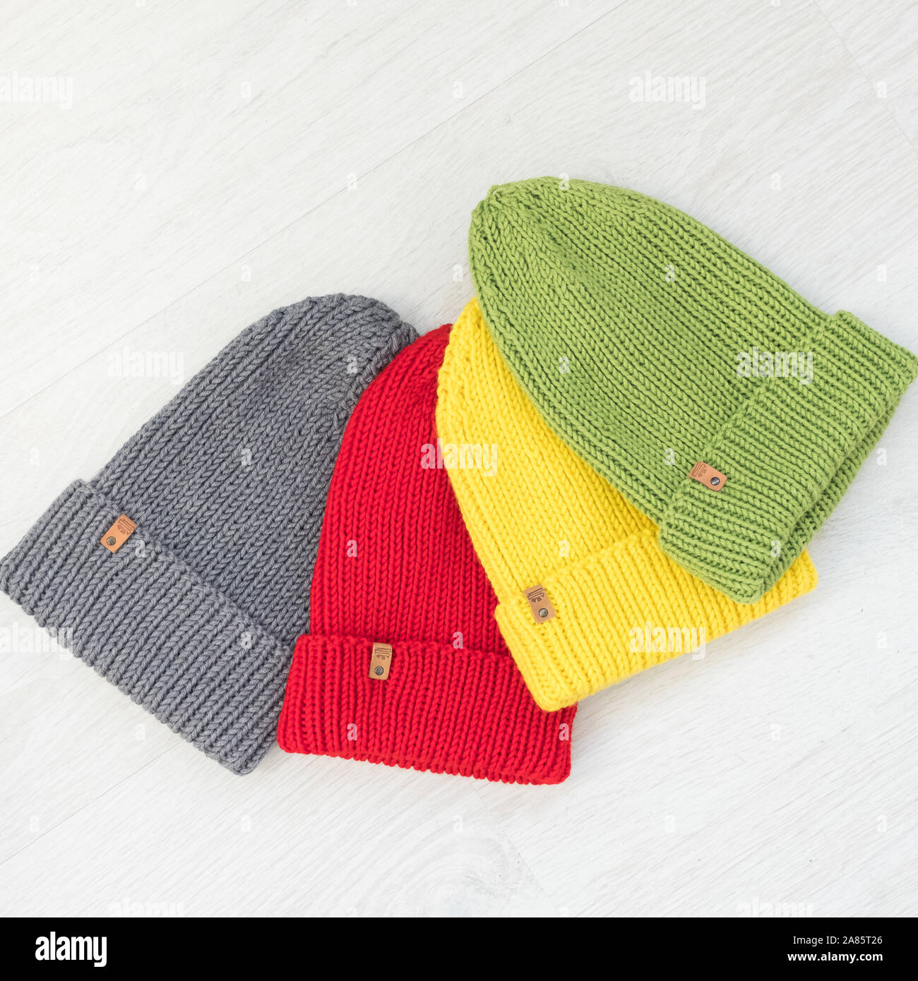 cozy knitted set of hats Stock Photo - Alamy