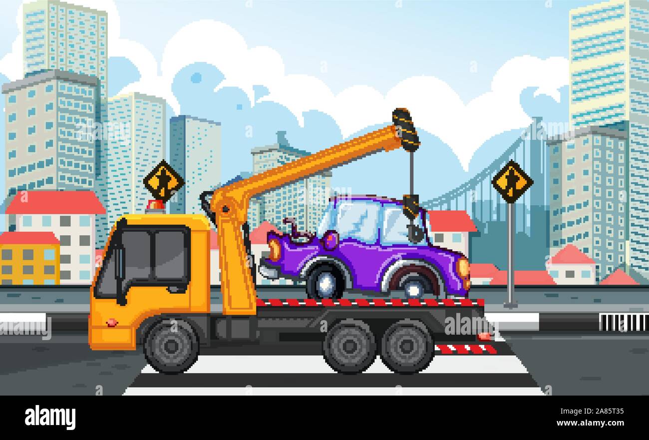 Tow truck lifting car on the road illustration Stock Vector Image & Art ...
