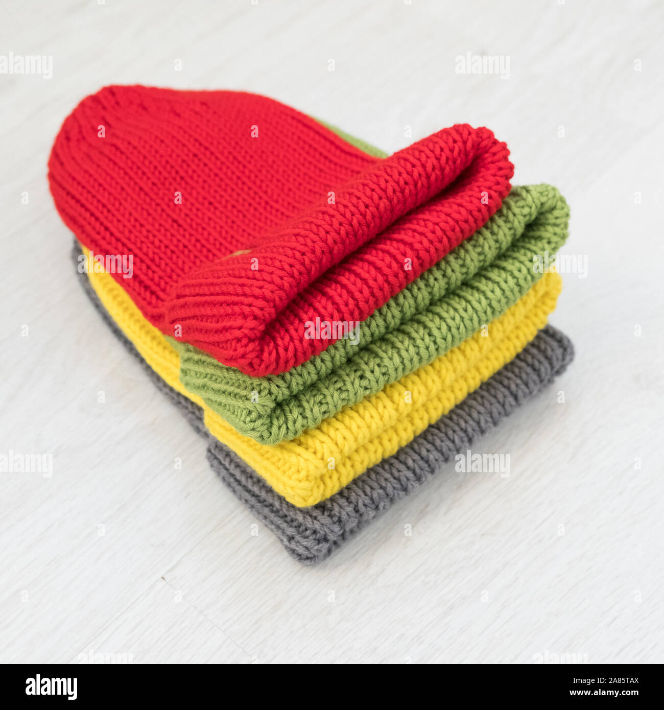 cozy knitted set of hats Stock Photo - Alamy