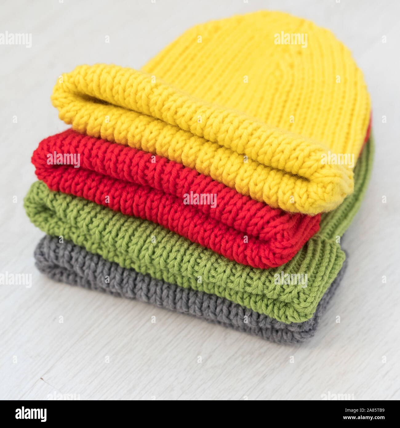 cozy knitted set of hats Stock Photo - Alamy