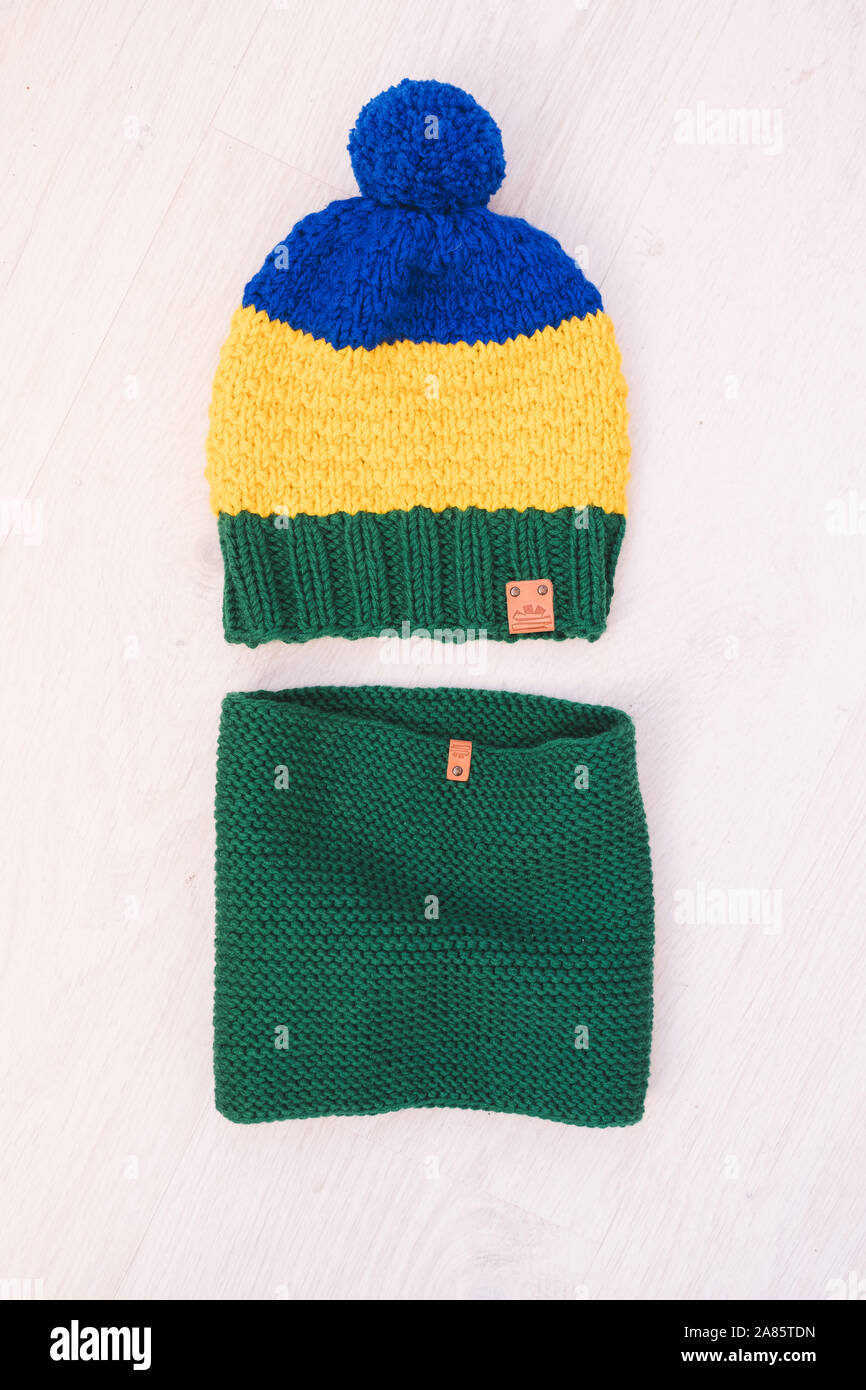 cozy knitted winter set Stock Photo - Alamy