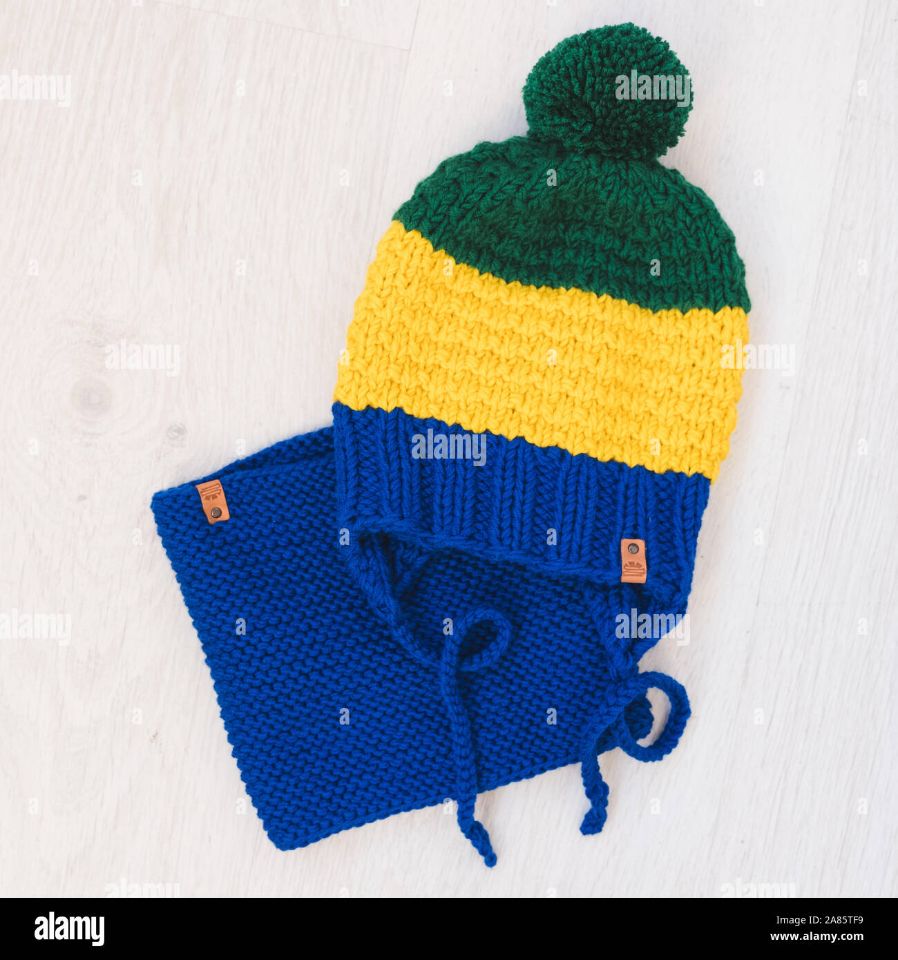 cozy knitted winter set Stock Photo - Alamy