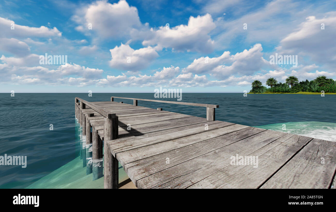 Wooden pier on the ocean on a background of blue sky with clouds Stock ...