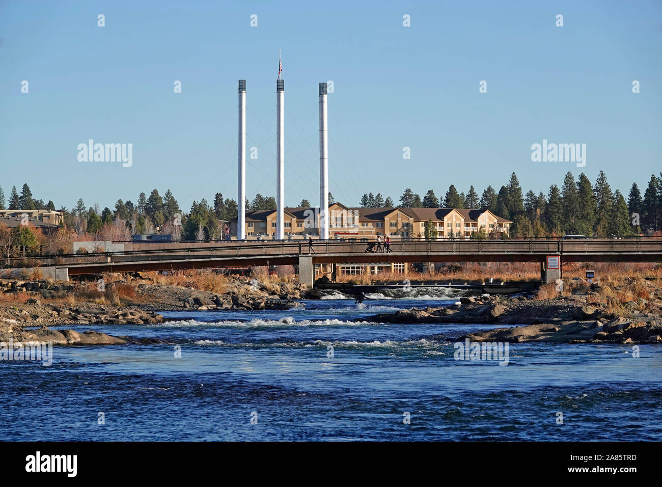 A view of the Old Mill shopping disterict along the Deschutes River in ...