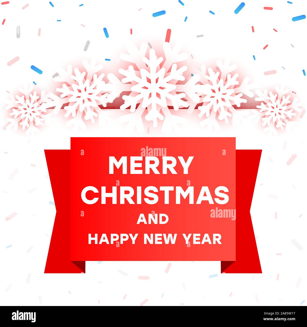 Merry Christmas greeting card with red wide ribbon and text on a white ...