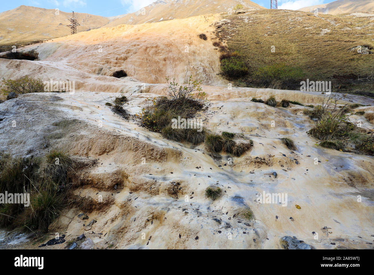 Travertines of Jvari Pass in Kazbegi National Park, Georgia Stock Photo ...