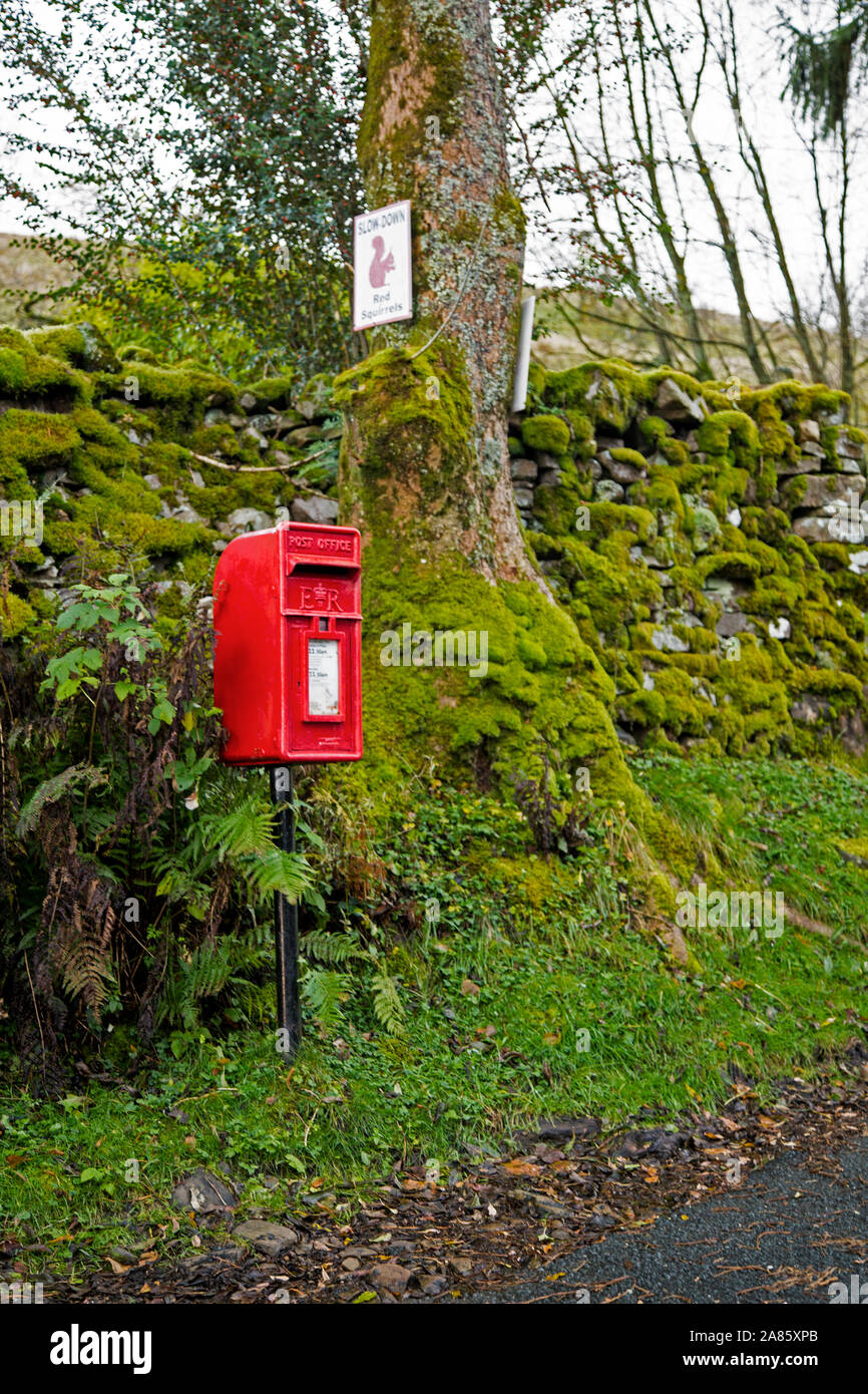 A traditional British red metal post box in a black post next to a tree ...