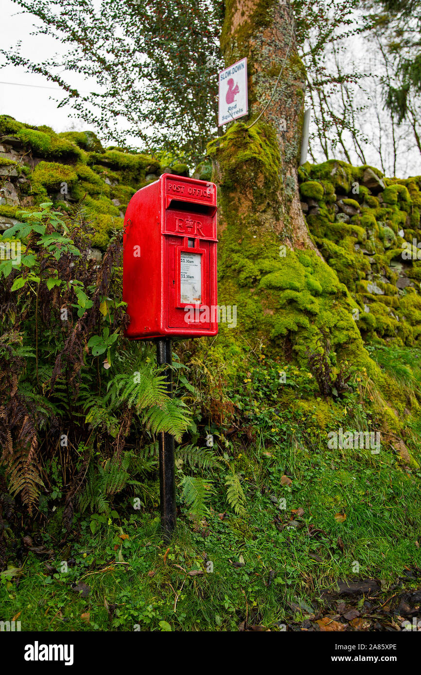 A traditional British red metal post box in a black post next to a tree ...