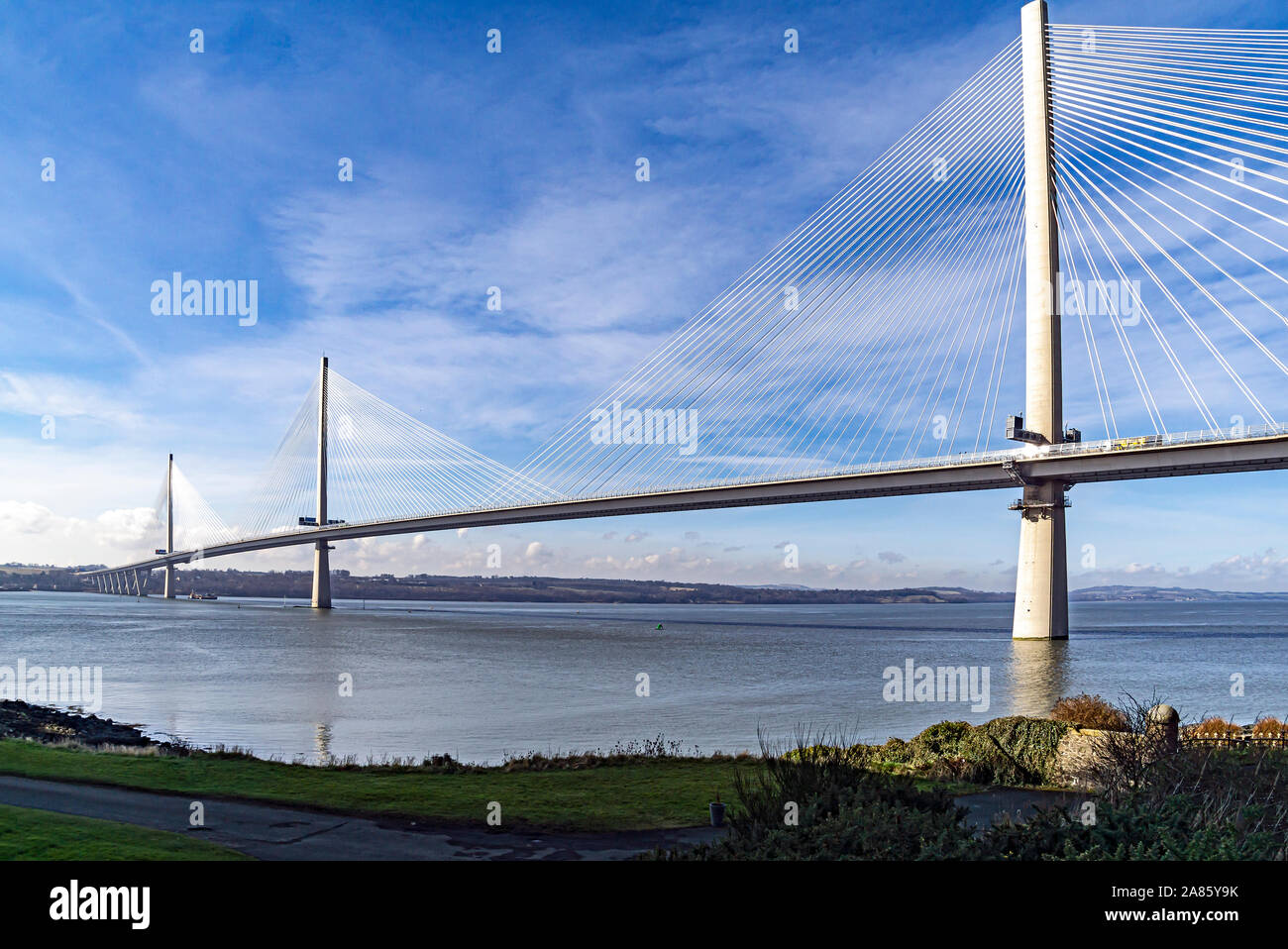 View of road bridge Queensferry Crossing carrying motorway M90 between ...