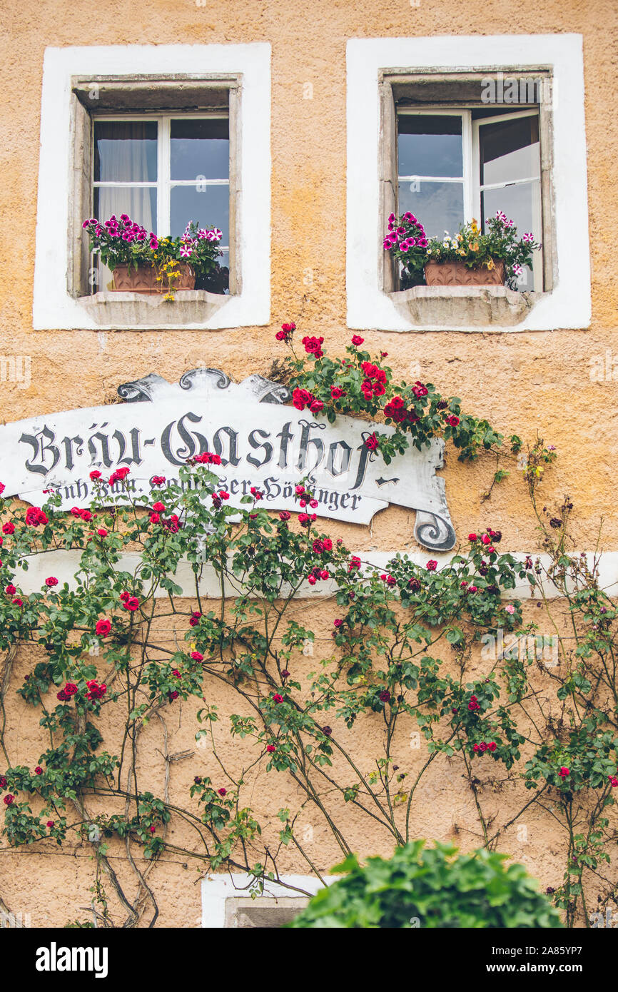 Hallstatt, Austria - June 15, 2019: view of cafe building decorated ...