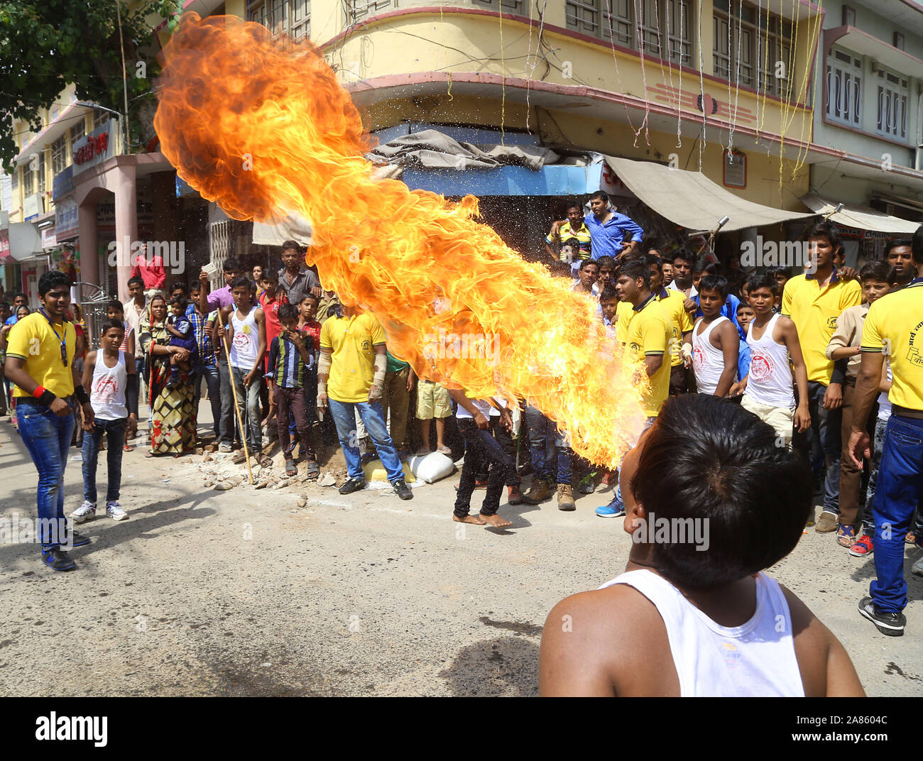 A flamethrower performs a stunt in Beawar in the Indian state of ...