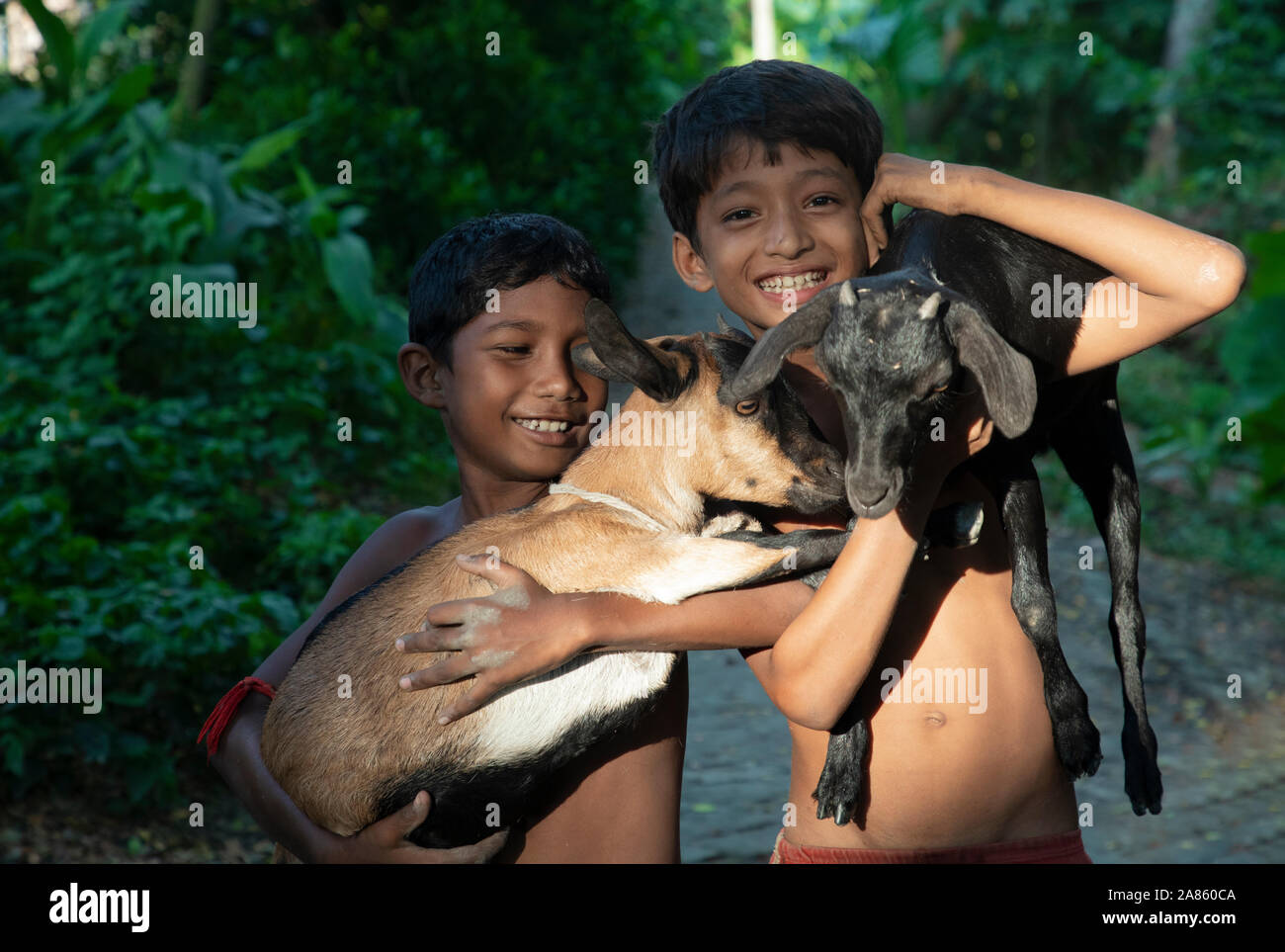Boys With Two Goats village Stock Photo - Alamy